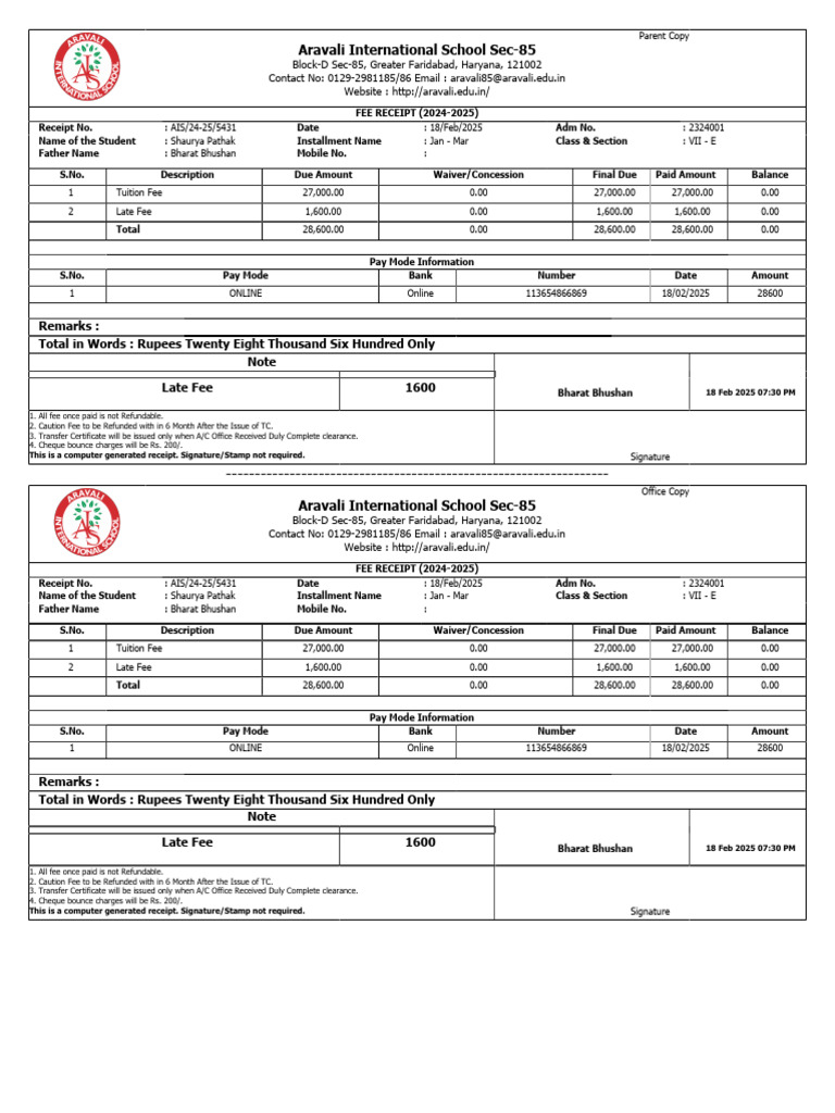 fee-receipt-ais | PDF | Payments | Services (Economics)
