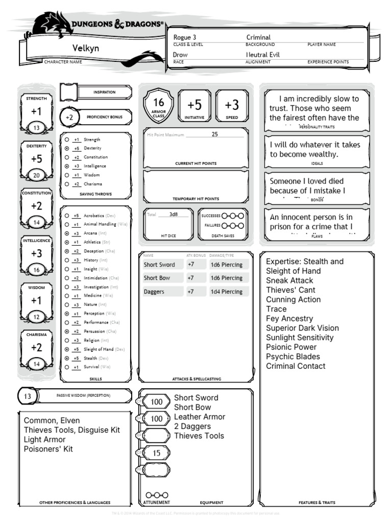 D&D Rogue Character Sheet Velkyn | PDF | Dungeons & Dragons | Role ...