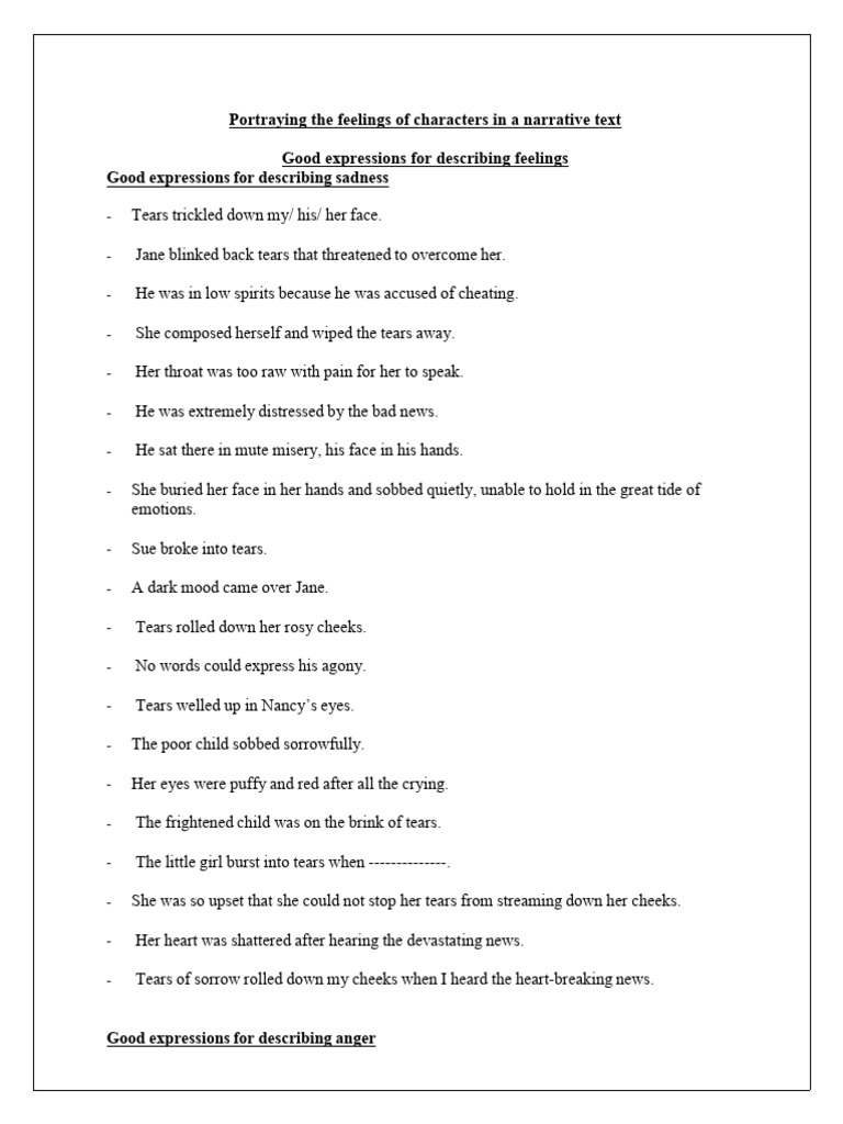 Expressions for Character Emotions | PDF | Anger | Fear