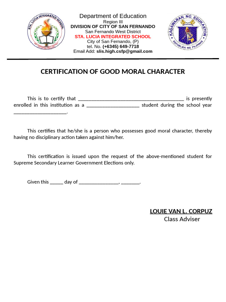 Certification of Good Moral Character | PDF