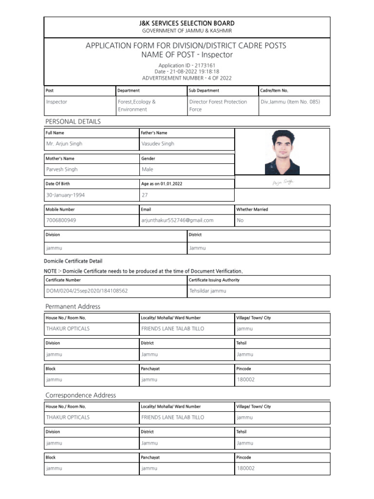 J&K Inspector Application Form 2022 | PDF | Government | Common Law