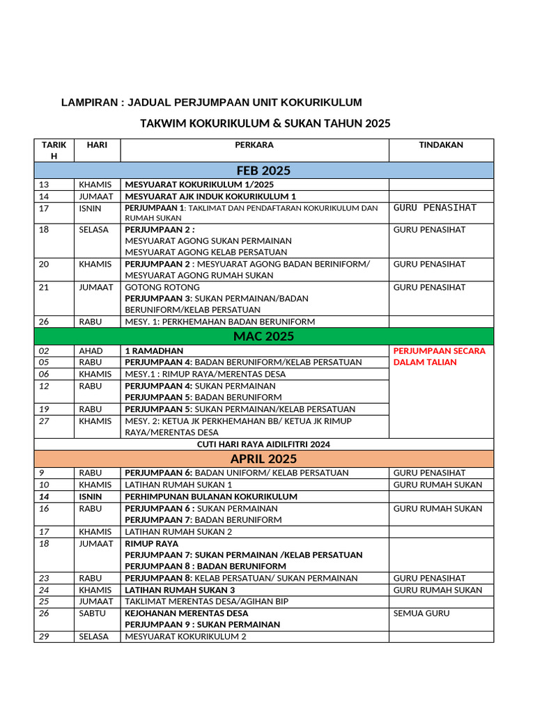 Jadual Perjumpaan Aktiviti Kokurikulum Tahun 2025.2026 | PDF