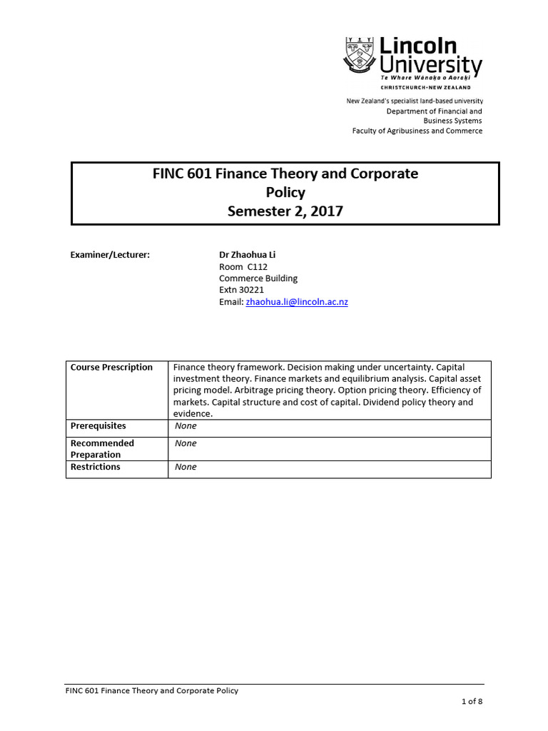 Syllabus LincolnUniversity FINC-601 | PDF | Financial Economics | Economies