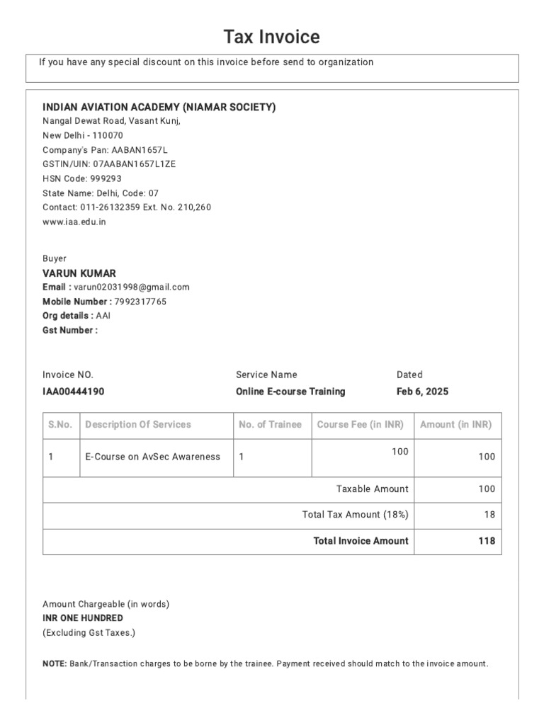 Tax Invoice: Indian Aviation Academy (Niamar Society) | PDF