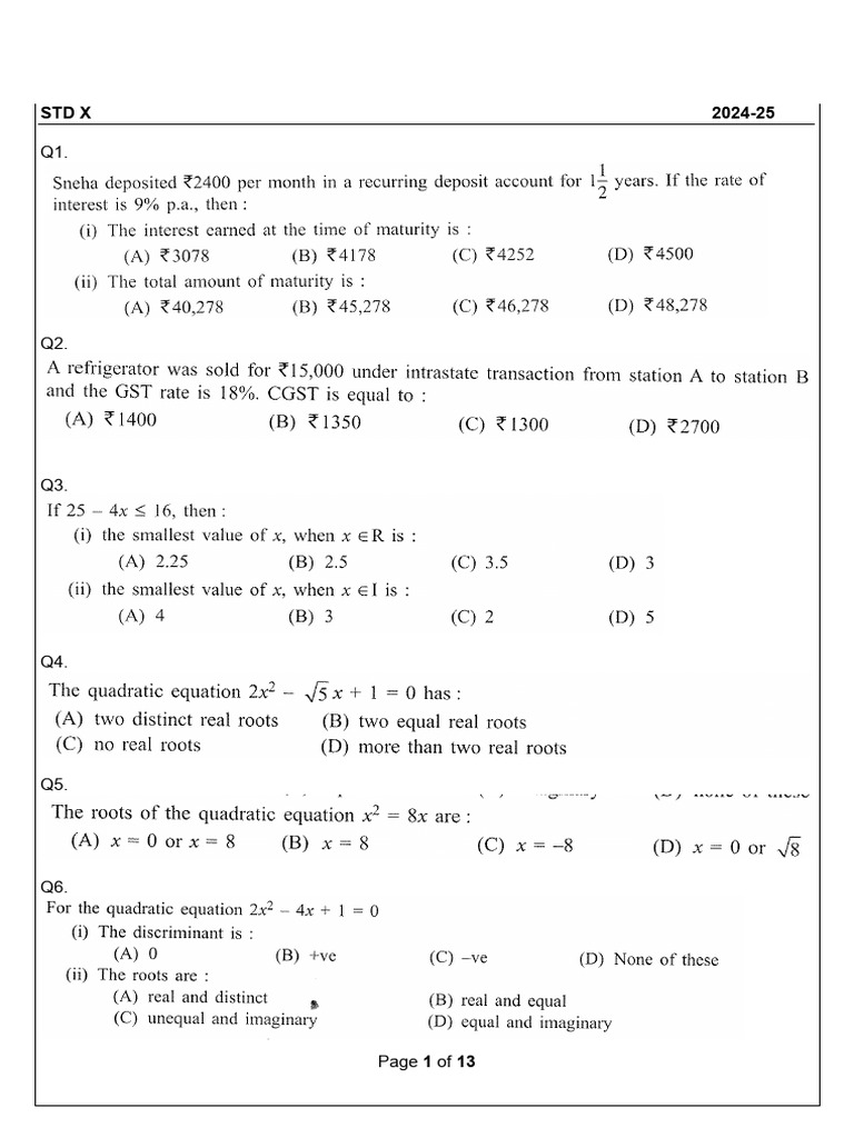 50 MCQs for STD X Exam 2024-25 | PDF