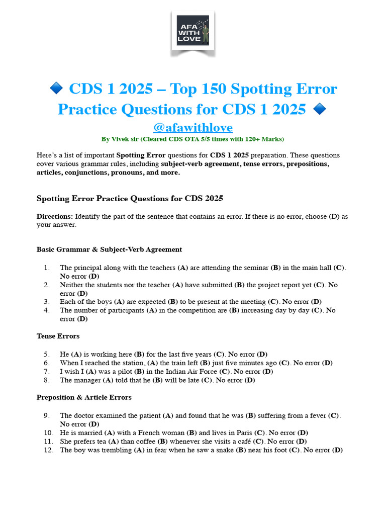 Top 150 Spotting Error For CDS | PDF | Verb | Grammatical Number