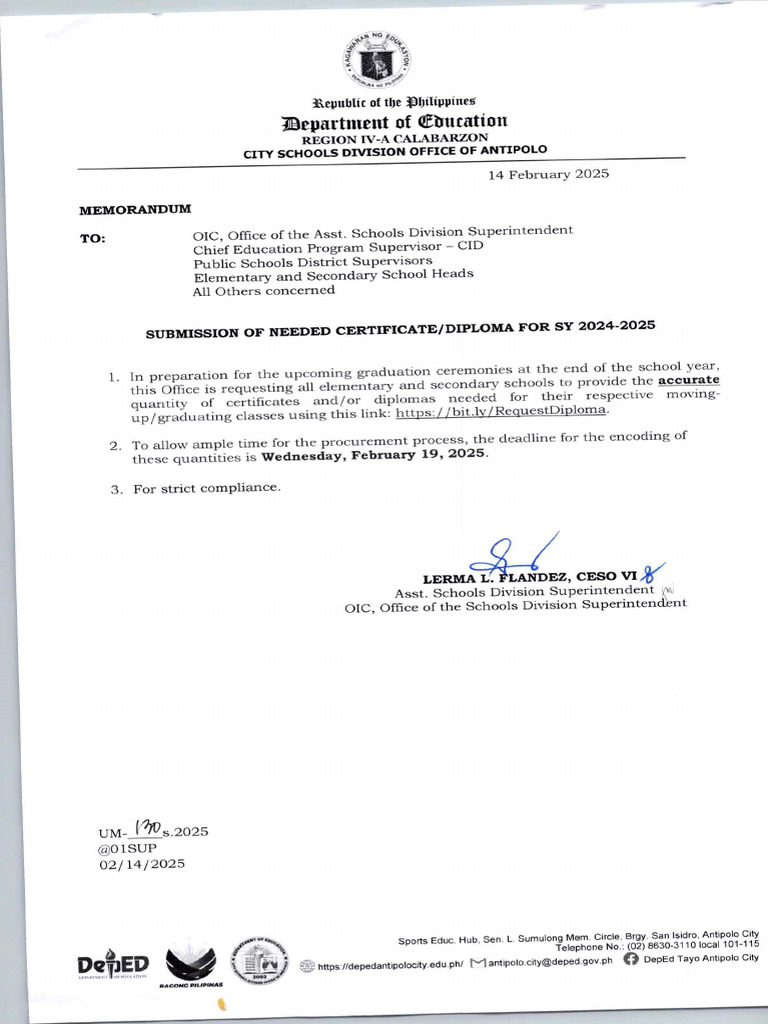 Um 130 Submission of Needed Certificate Diploma For Sy 2024 2025 | PDF