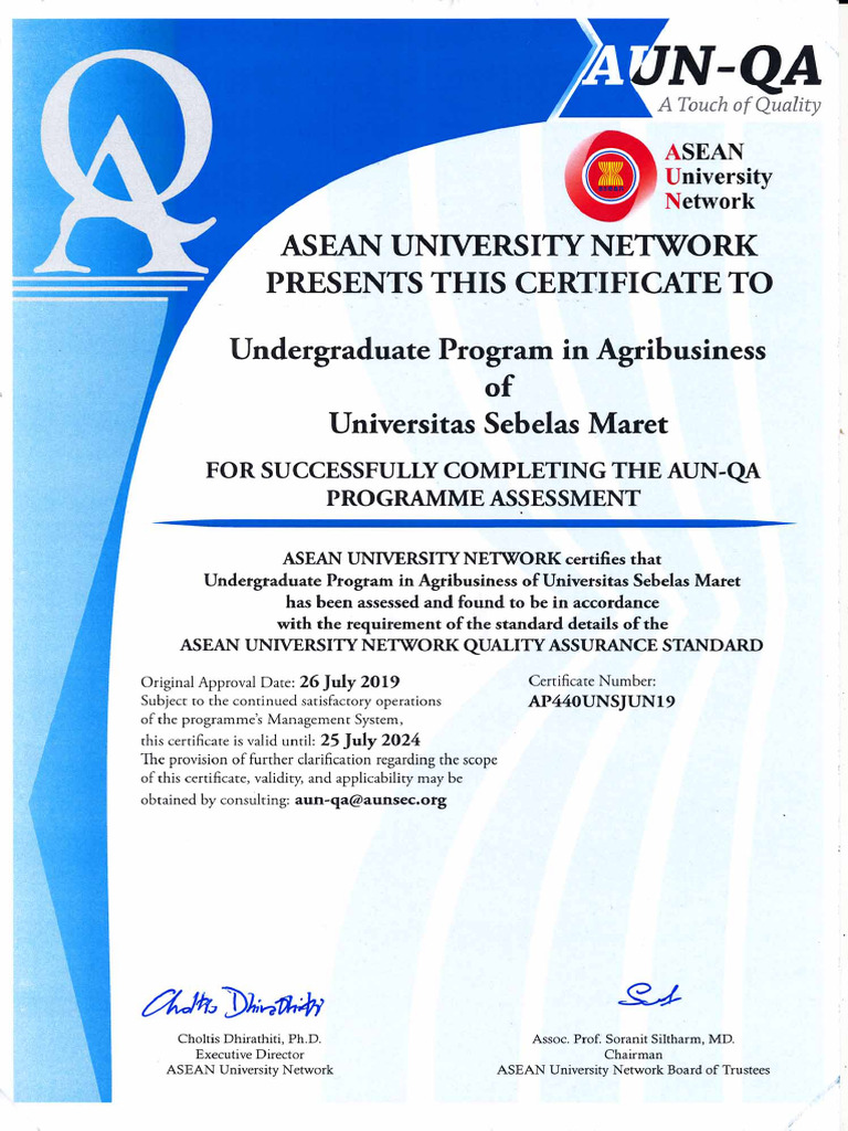 Sertifikat AUNQA Agribisnis S1 | PDF