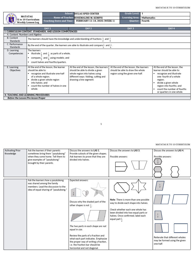 DLL MATATAG_MATHEMATICS 1_Q4_W1 | PDF | Cognition | Learning