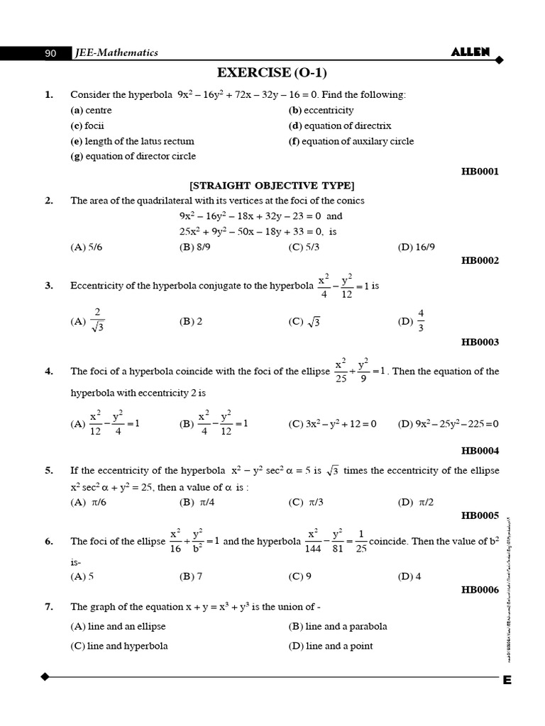 Hyperbola Exercises for JEE Mathematics | PDF | Ellipse | Perpendicular