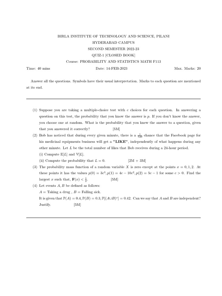 Prob Stat - Quiz 1 | PDF