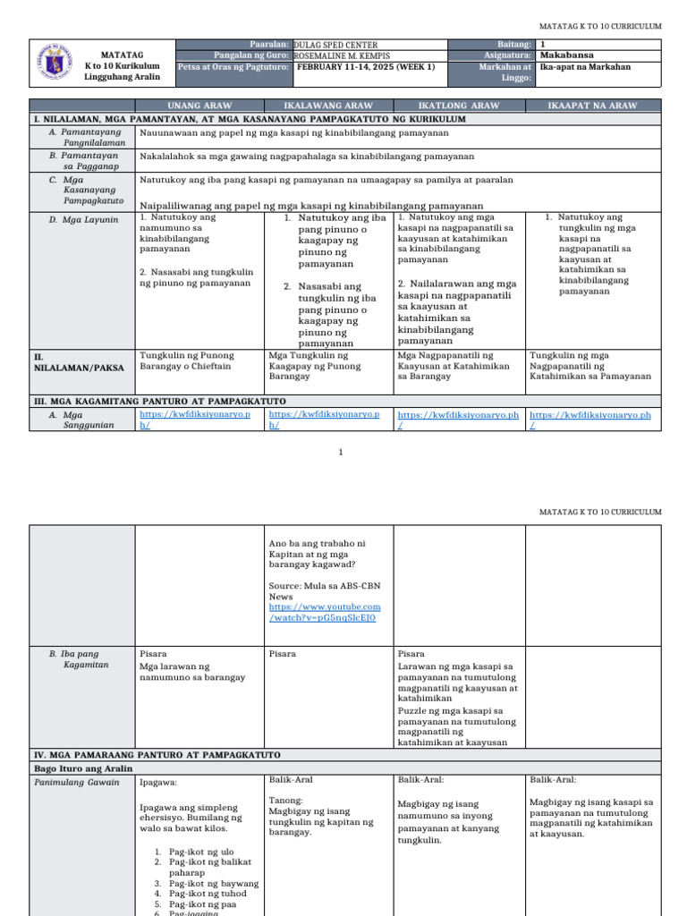 Dll Matatag Makabansa 1 Q4 W1 Pdf