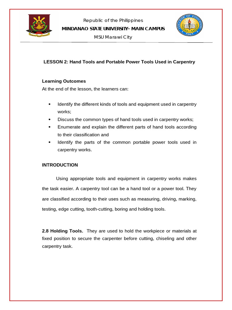 WRITTEN REPORT - CARPENTRY LESSON 2 Edited | PDF | Drill | Screw