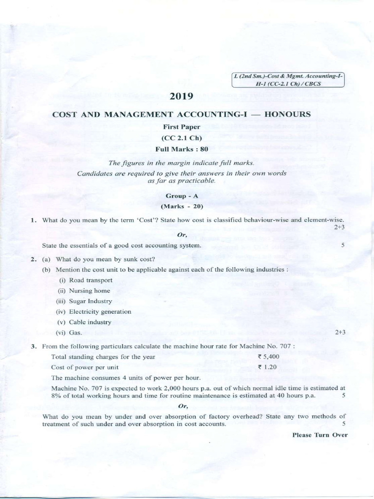 (H) Cost & Management Accounting - I-2nd Sem-1st Paper (CC2.1 CH - 2019) - 80 | PDF