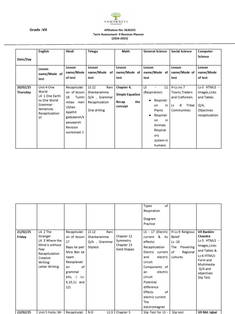 Grade VII Term Assessment II Revision Planner | PDF | Grammar | Linguistics