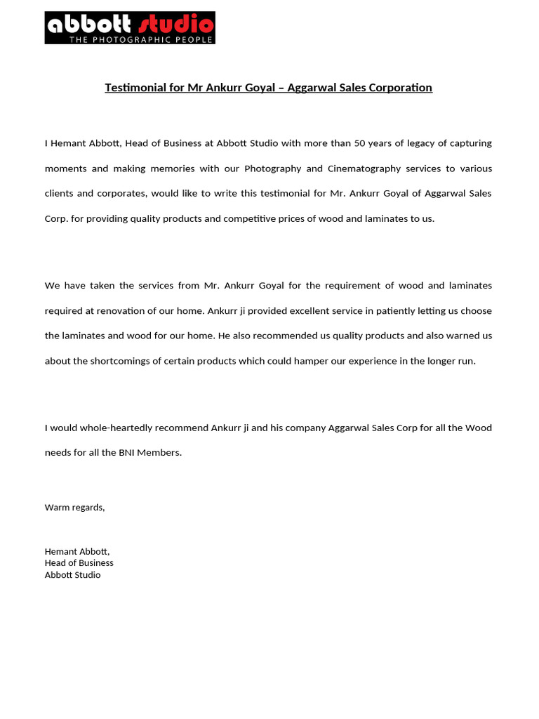 Abbott Studio Ankurr Goel Testimonal | PDF