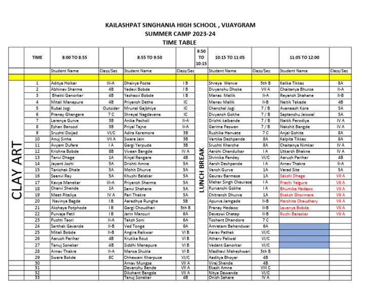 Clay Art Time Table | PDF