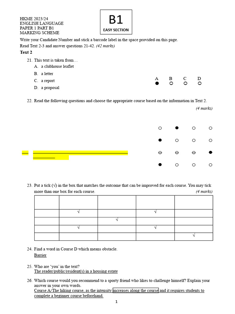 English Paper 1 Part B1 Marking Scheme & Answer | PDF