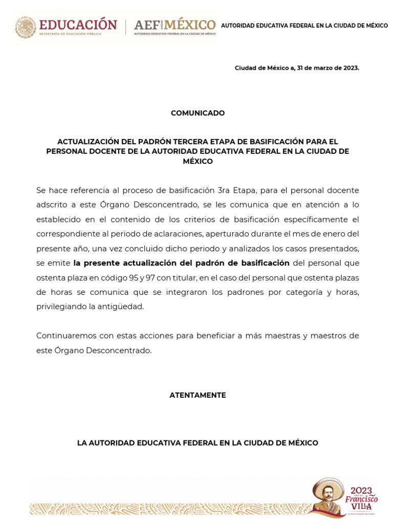 Comunicado Actualizacion Basificacion 3ra Etapa | PDF
