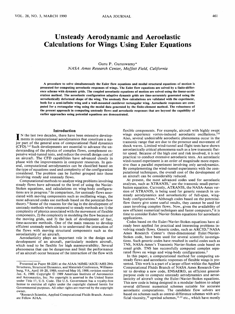 Guruswamy G Unsteady Aerodynamic and Aeroelastic Calculations For Wings Using Euler Equations ...