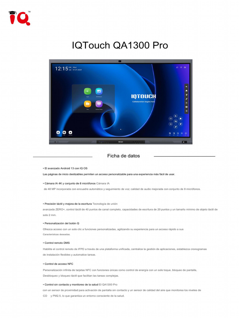 IQTouch QA1300 Pro Specification 20240326 | PDF | Pantalla táctil | Tecnología de pantalla