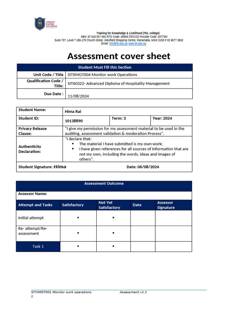 Hima's Assessment: Monitor Work Operations | PDF | Plagiarism | Innovation