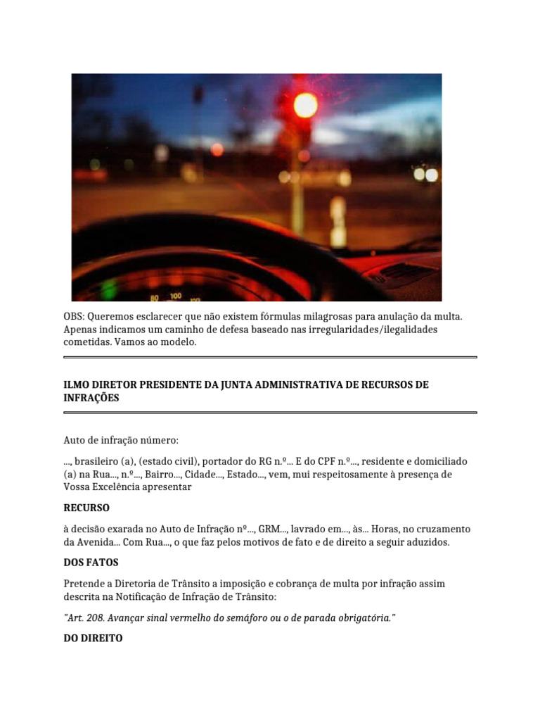 Modelo Recurso de Multa Por Avanco de Sinal Vermelho | PDF | Tráfego ...