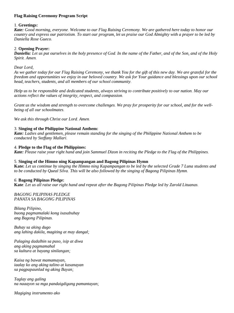 Flag Raising Ceremony Program Script | PDF | Prayer | Christian Worship ...