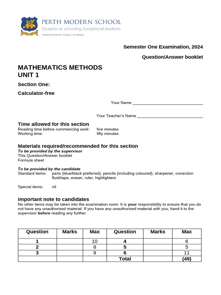 2024 Semester One Mathematics Exam | PDF | Equations | Angle