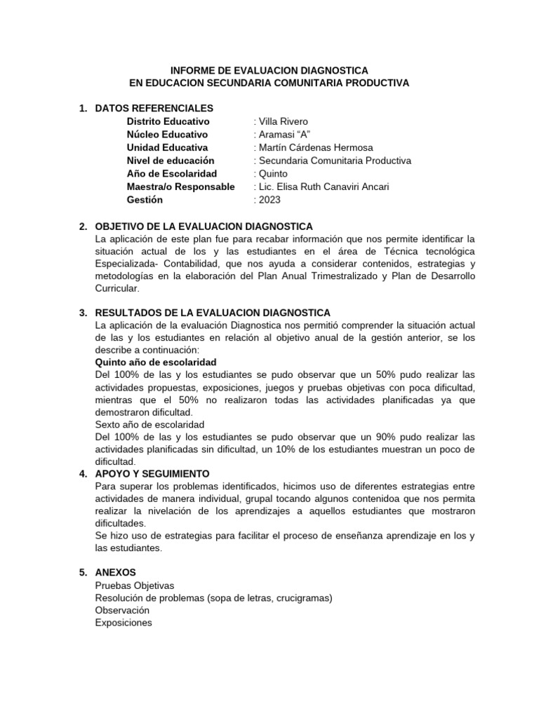 INFORME DE EVALUACION DIAGNOSTICA - Docx 2023 | PDF