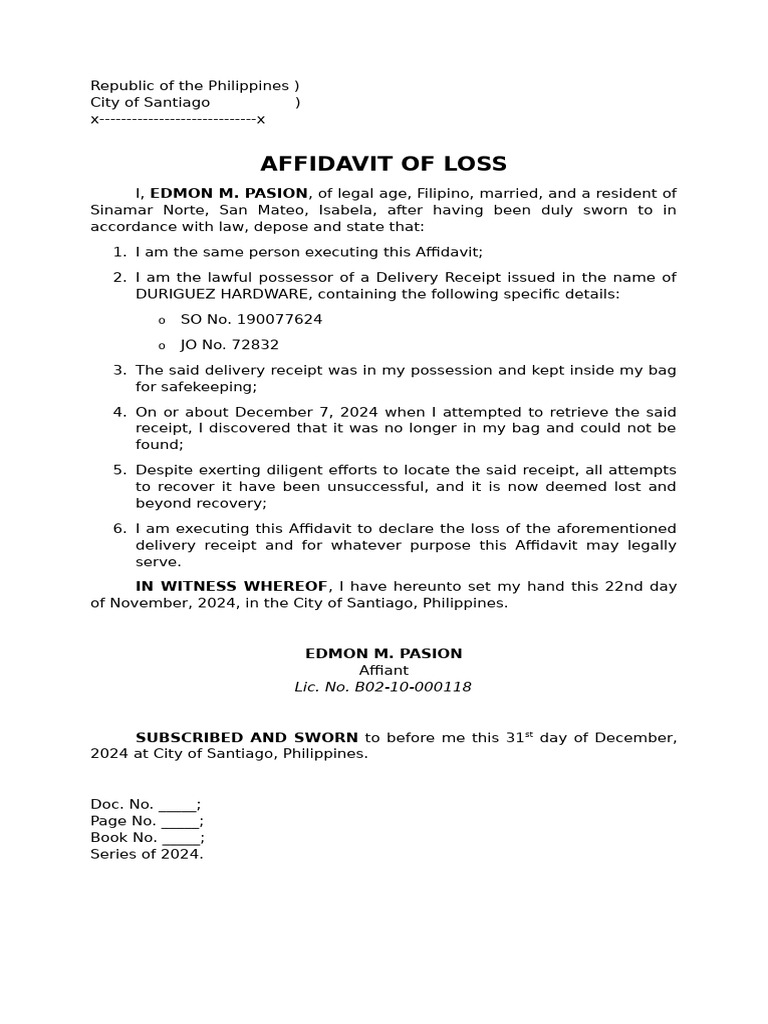Affidavit of Loss-Pasion Edmon | PDF