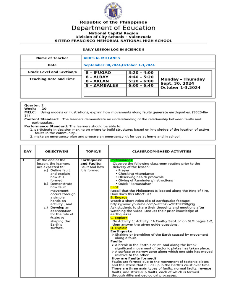 Daily Science Lesson Plan for Grade 8 | PDF | Earthquakes | Fault (Geology)