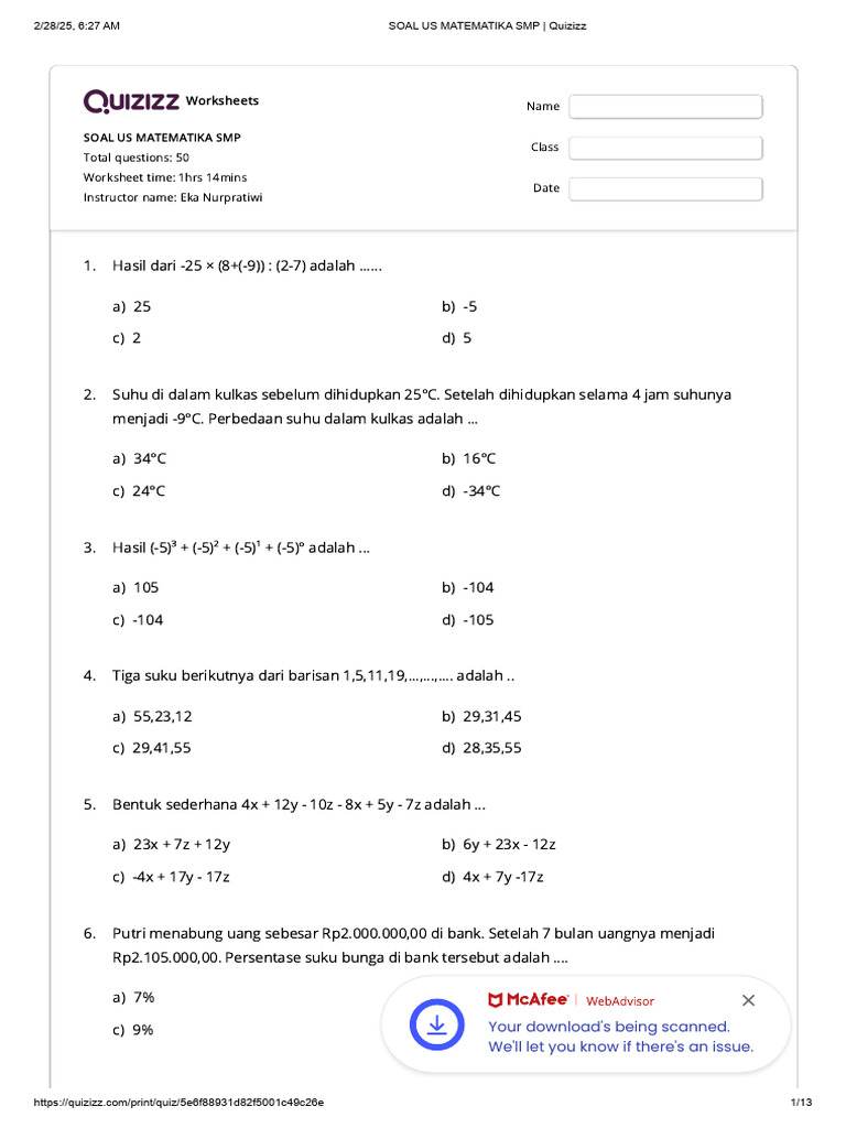 Latihan Soal Us Matematika SMP QLP Rabbani - Quizizz | PDF