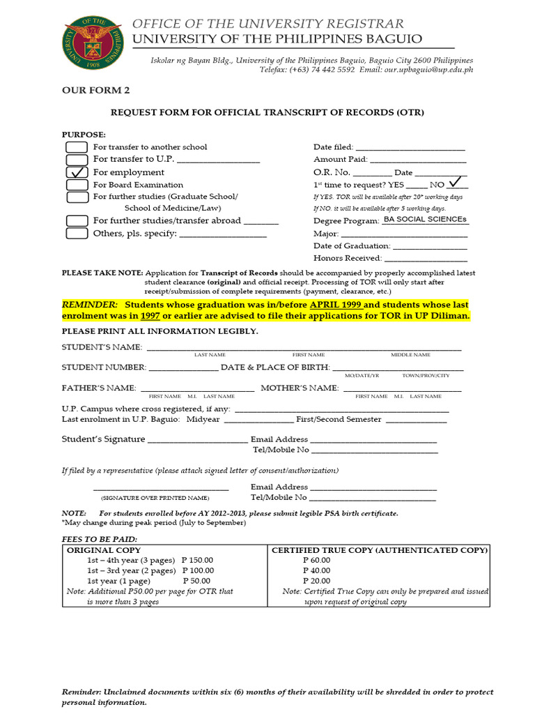 OUR FORM 2 - Request Form for OTR (1) | PDF