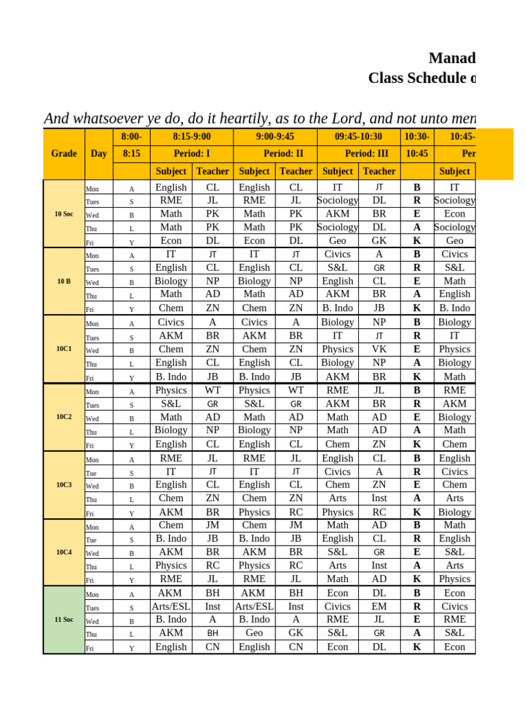 Manado Independent School Schedule | PDF