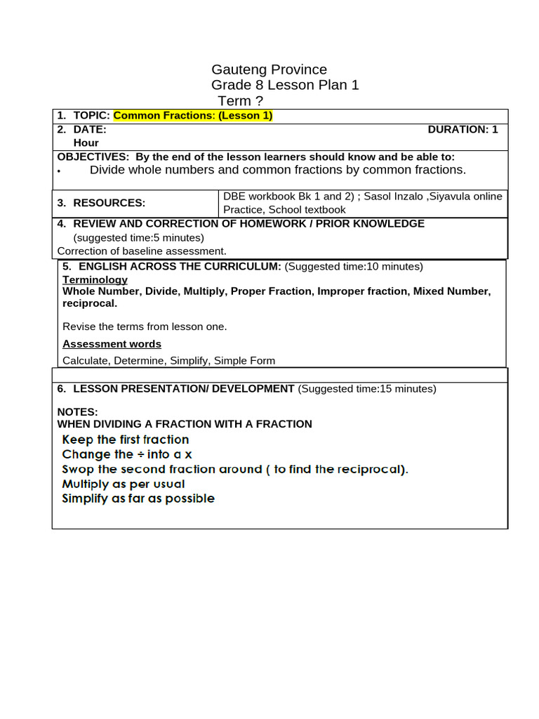 Grade 8 Common Fractions Lesson Plans | PDF | Curriculum | Lesson Plan