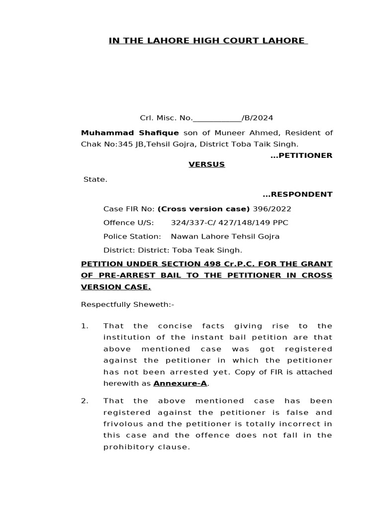 Muhamamd Shafiq Pre Arrest Bail 324 Toba HC 2024 | PDF | Bail | Affidavit