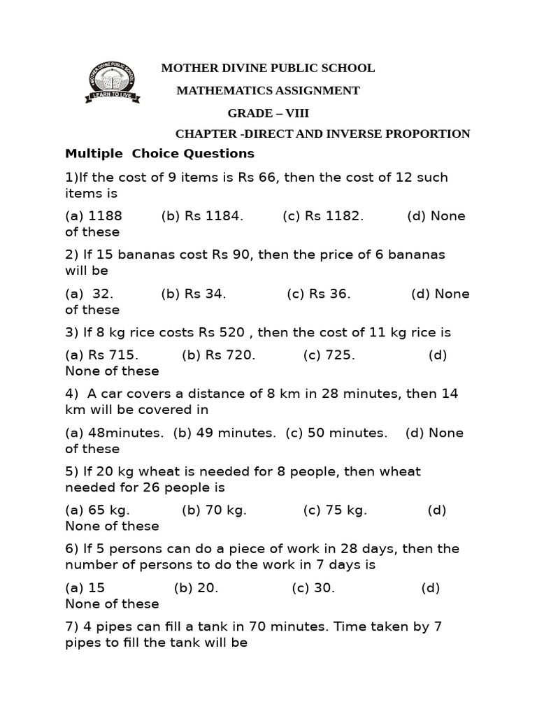 Grade VIII Math: Proportion MCQs | PDF