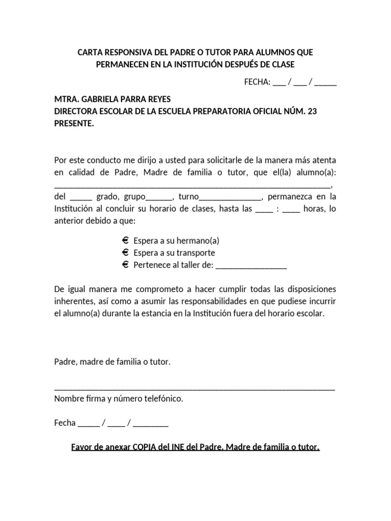 Carta Responsiva Del Padre o Tutor para Alumnos Que Permanecen en La Institución Después de ...