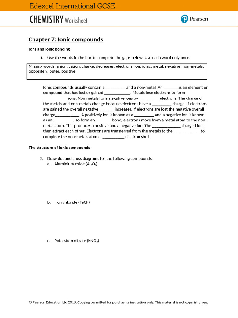 iGCSE - Chem - Worksheet 7 - Ionic | PDF | Salt (Chemistry) | Ion