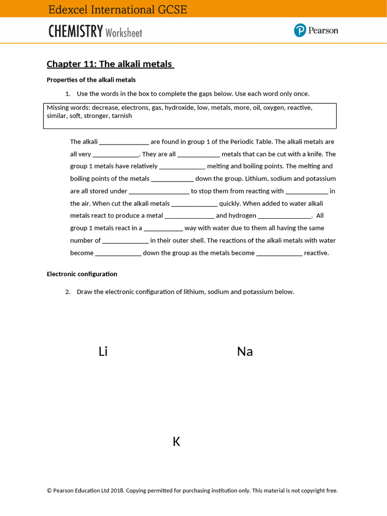 iGCSE - Chem - Worksheet 11 - Alkali Metals | PDF