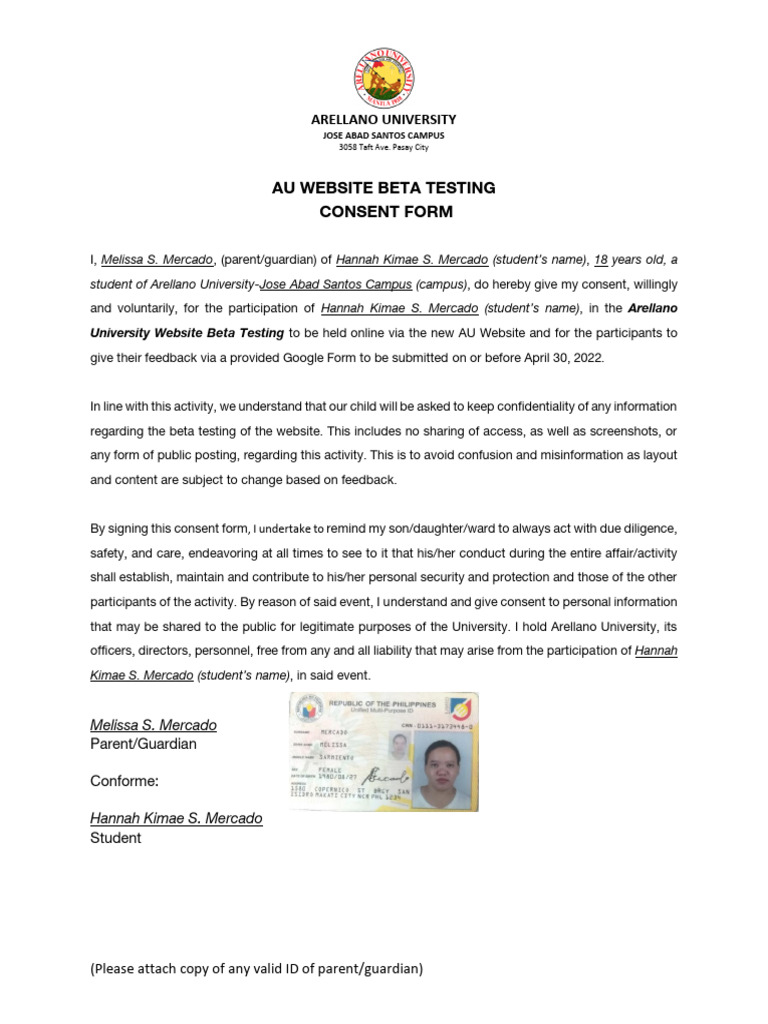 Au Website Beta Test - Consent Form Insert | PDF