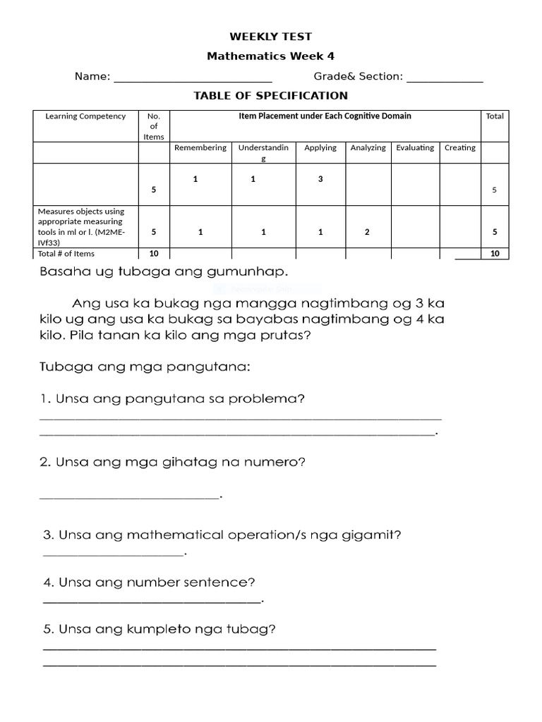 MAth WeeklyTest 4 4th QRT. | PDF