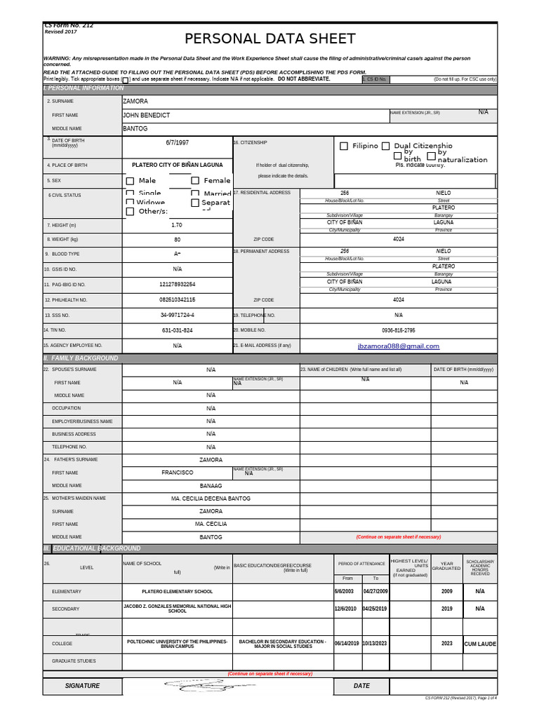 CS Form No. 212 (Personal Data Sheet revised) | PDF | Government