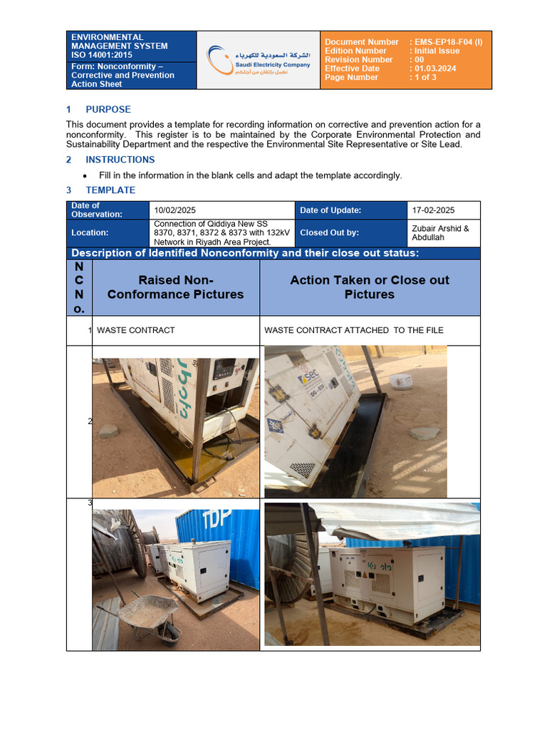 Close Out or Action Taken - To Be Filled by Contractor | PDF