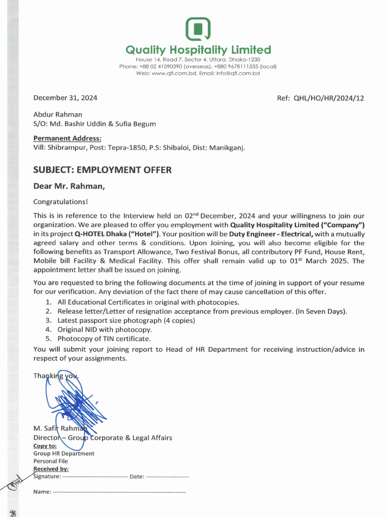 Abdur Rahman (Employment Offer Letter) | PDF