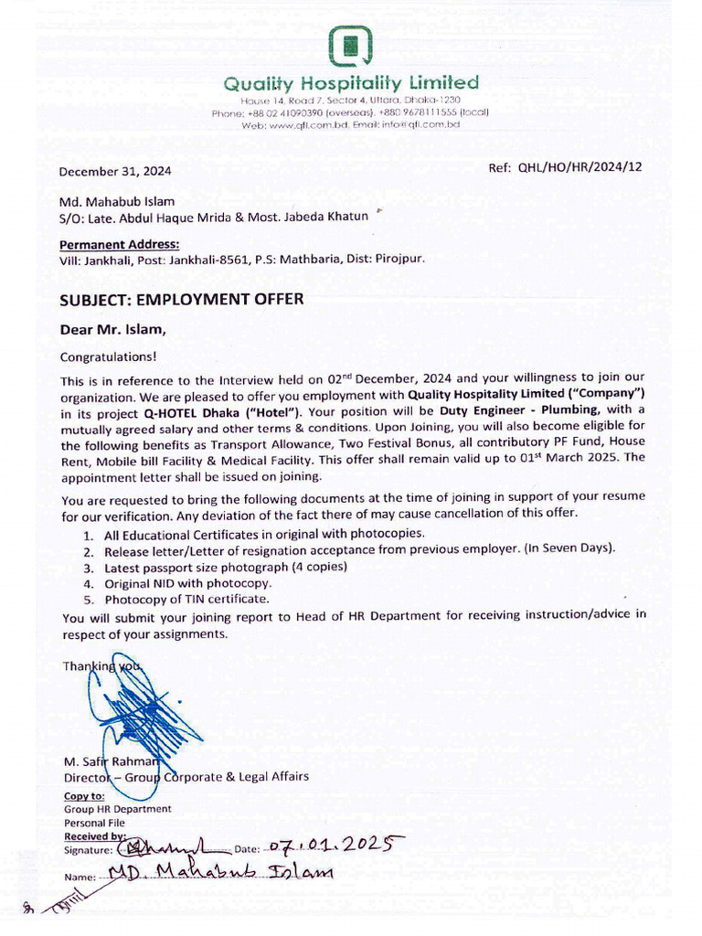 Signed Copy of Offer Letter, Mahabubur Rahman | PDF