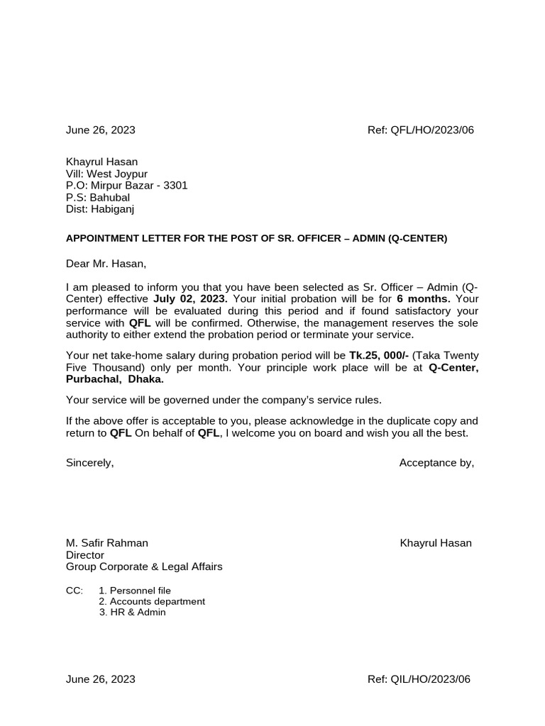 Appointment Letters for New Employees | PDF | Bangladesh