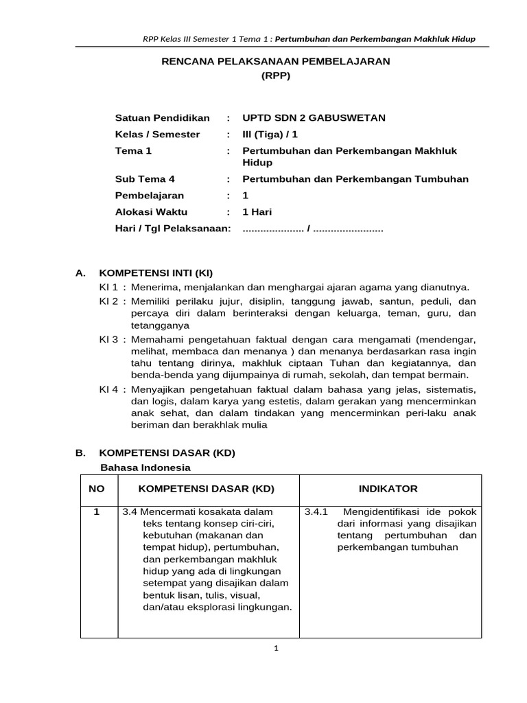 RPP K3 TEMA 1 ST 4 REV. 2018 Literasi (Datadikdasmen.com) | PDF