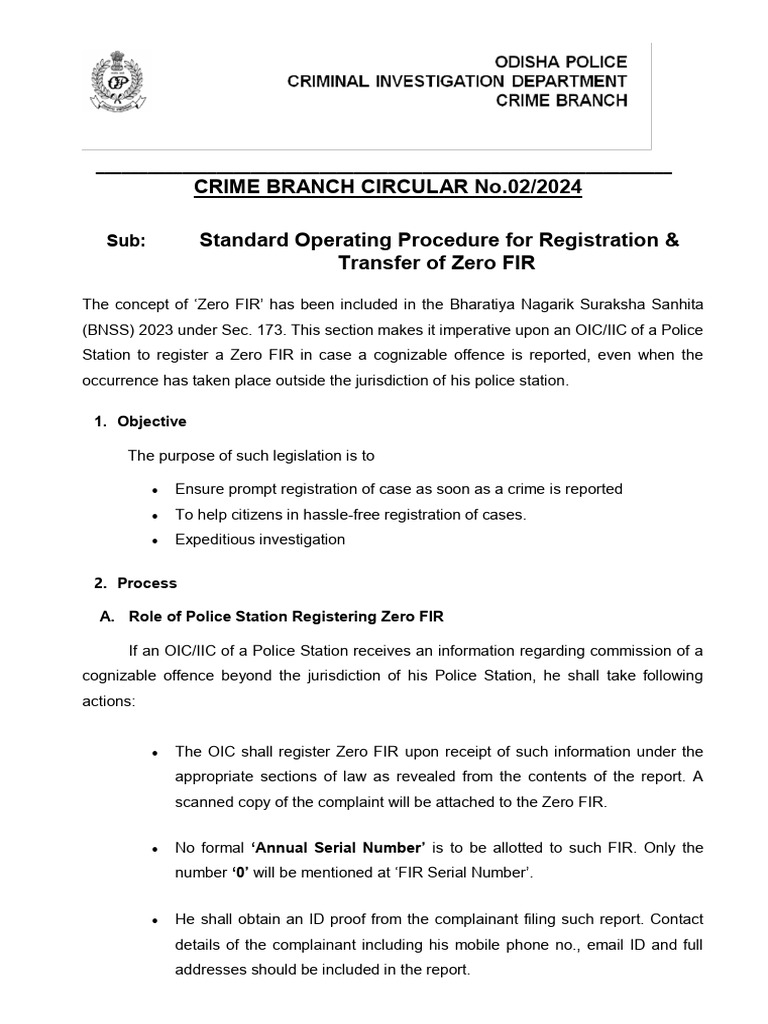 Zero FIR Registration SOP 2024 | PDF | Handcuffs | Arrest